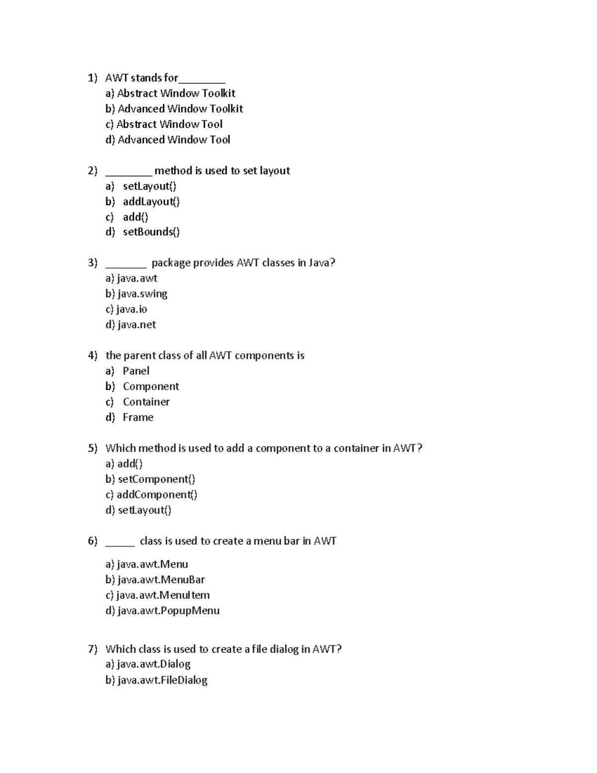 AJP Assignment 1with answer - AWT stands for________ a) Abstract Window Toolkit b) Advanced ...
