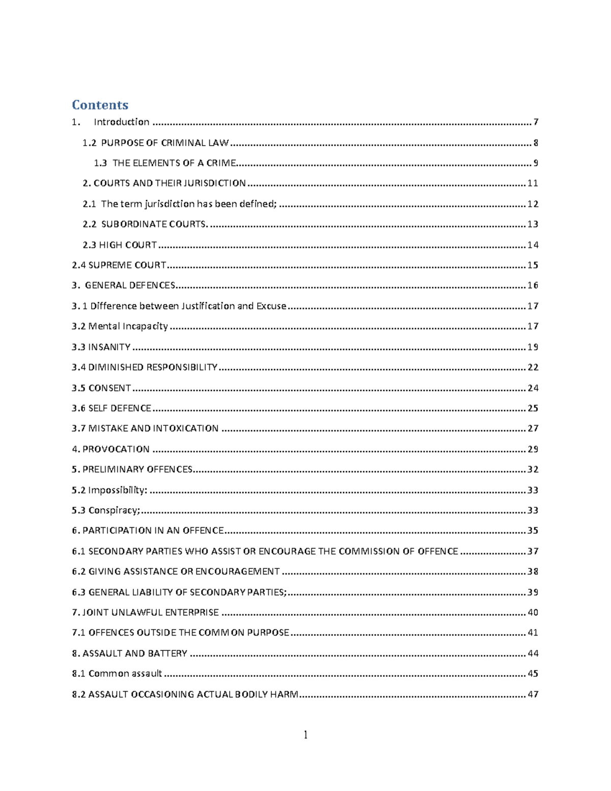 Criminal LAW module material - Contents Introduction 1 PURPOSE OF CRIMINAL LAW 1 THE ELEMENTS OF ...