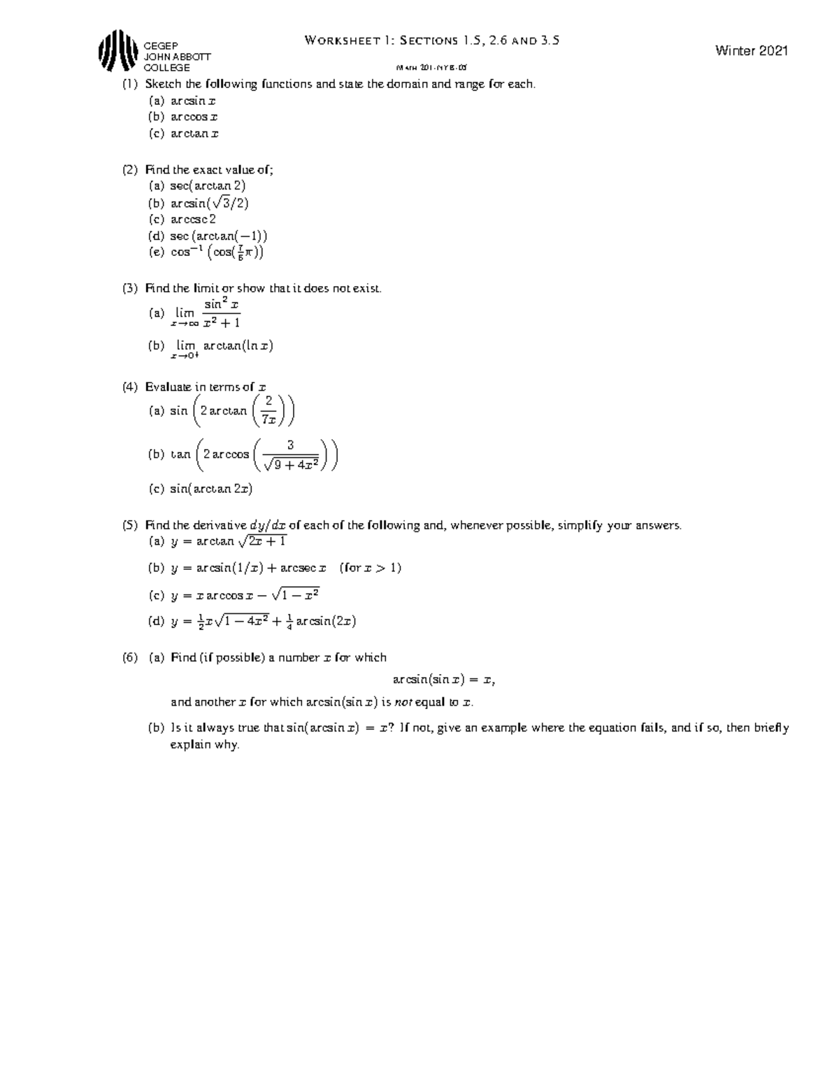 Worksheet 1 - practice for function graphing - CEGEP JOHN ABBOTT COLLEGE WORKSHEET 1: SECTIONS 1 ...