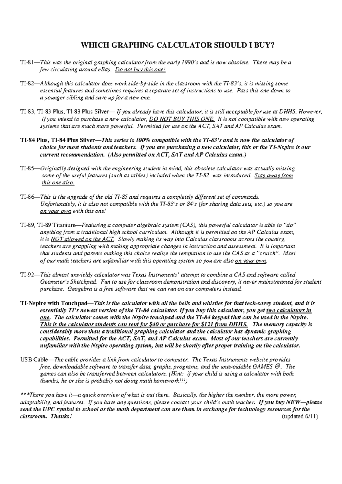 Calc Info sheet - Pdf - WHICH GRAPHING CALCULATOR SHOULD I BUY? TI-81 ...