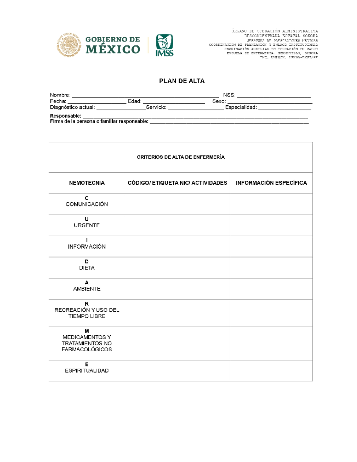 Plan de alta de enfermería page-0001 - ÓRGANO DE OPERACIÓN ...