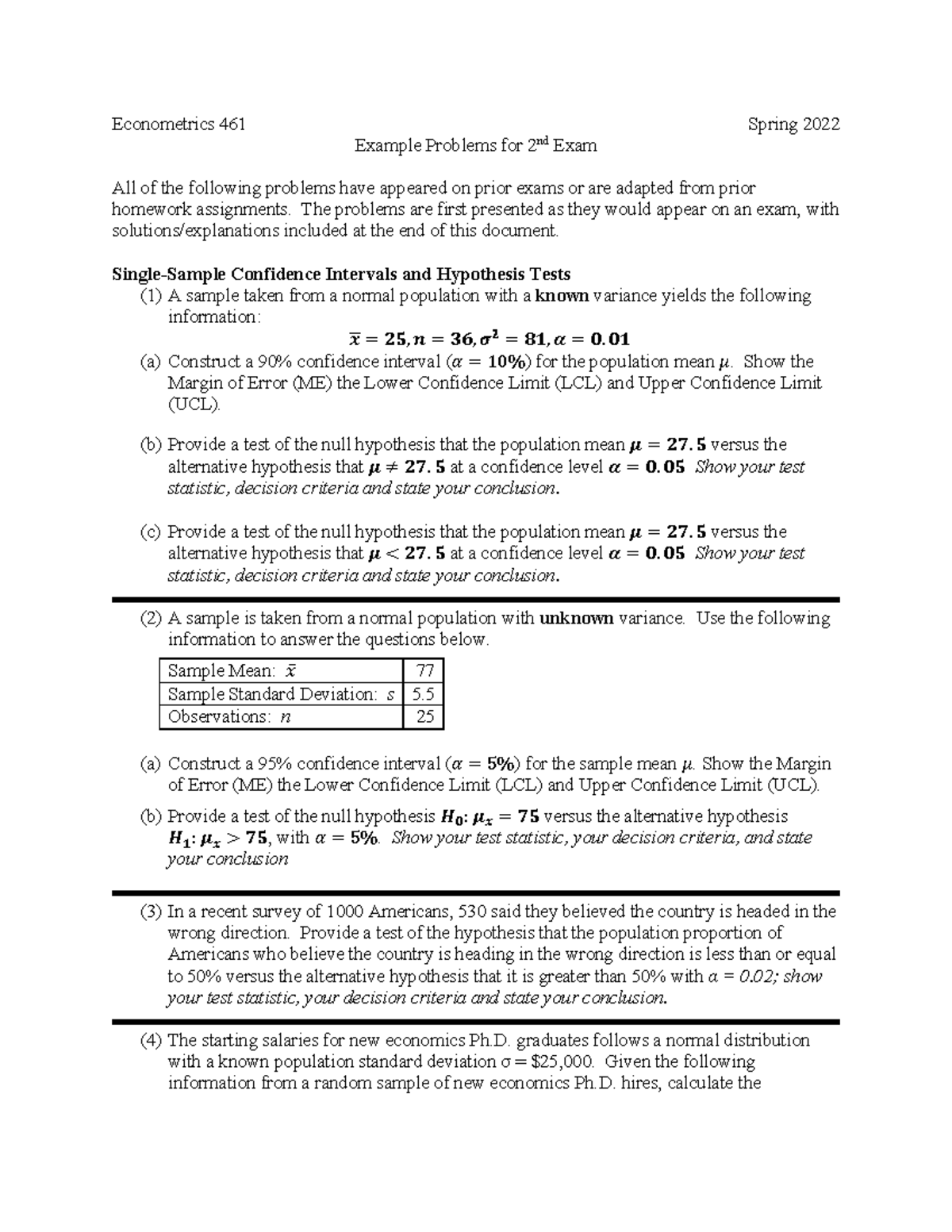 Exam 2 Example Problem Review - Econometrics 461 Spring 2022 Example ...