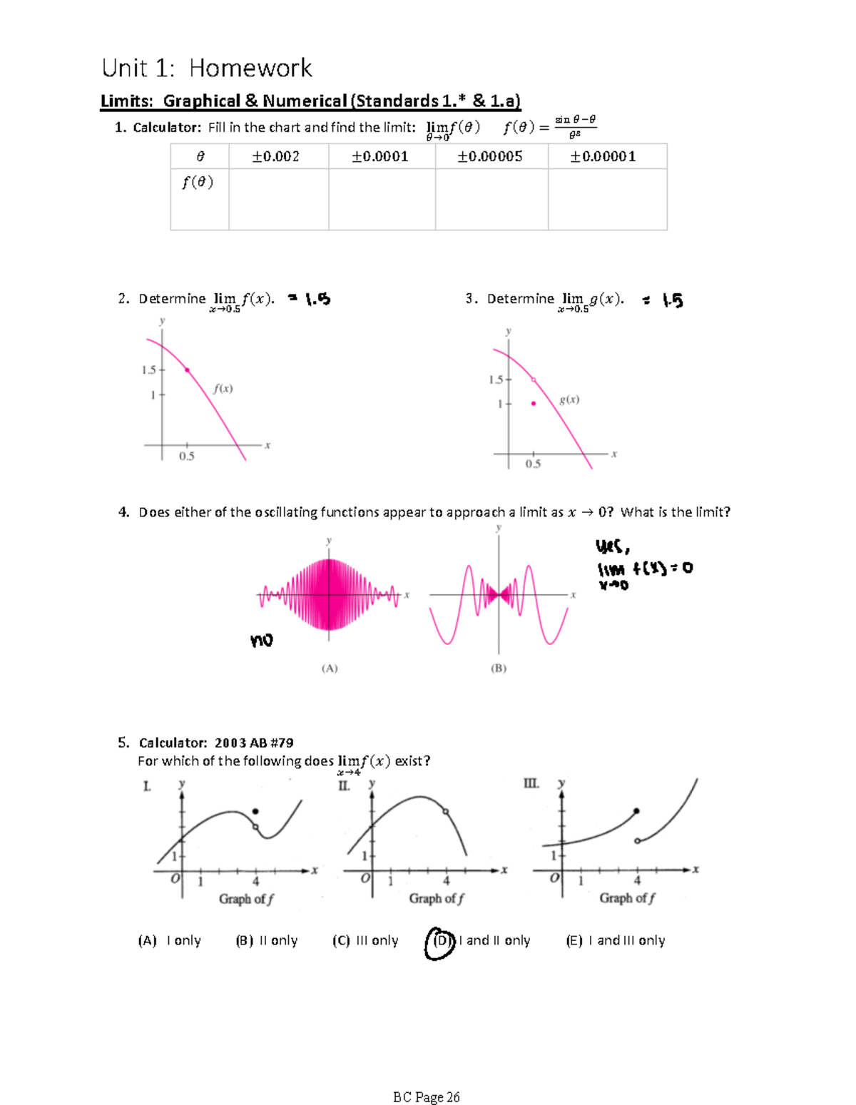 Unit 1A Homework - Limits - Limits: Graphical & Numerical (Standards 1 ...