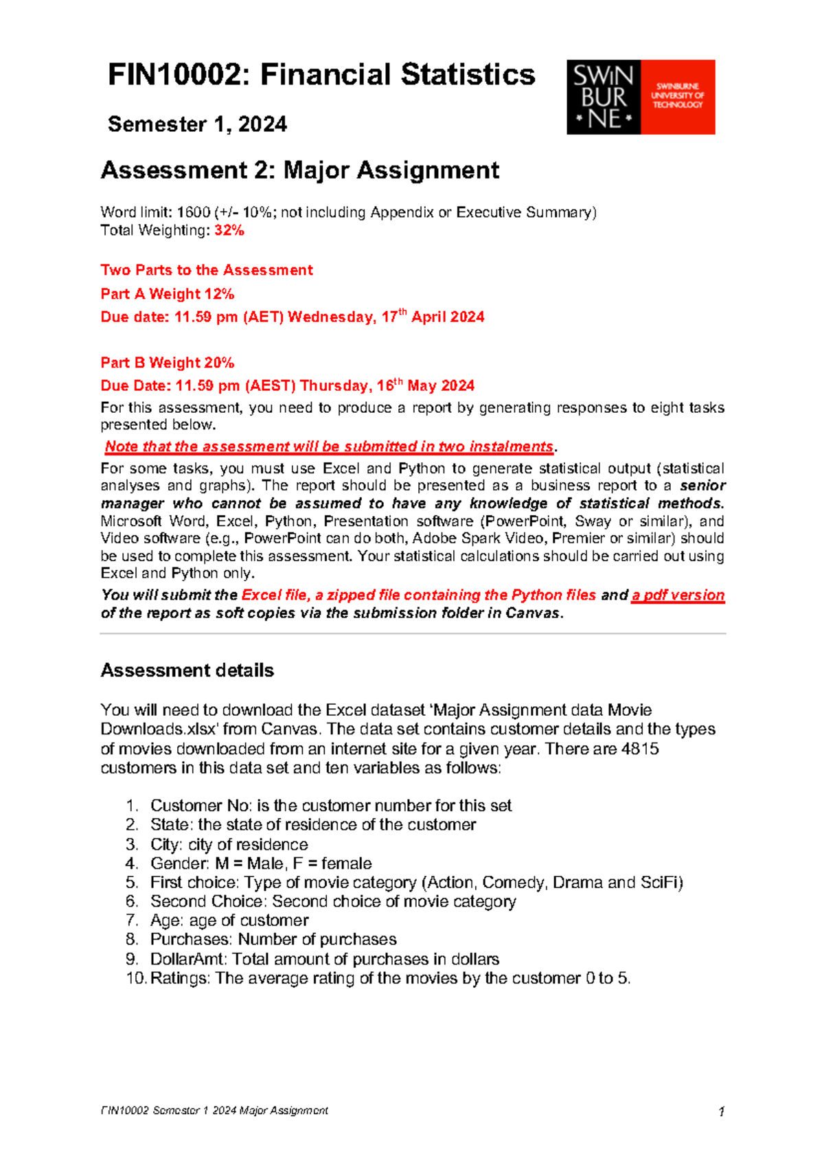 FIN10002 Sem1 2024 Major assignment - FIN10002: Financial Statistics ...