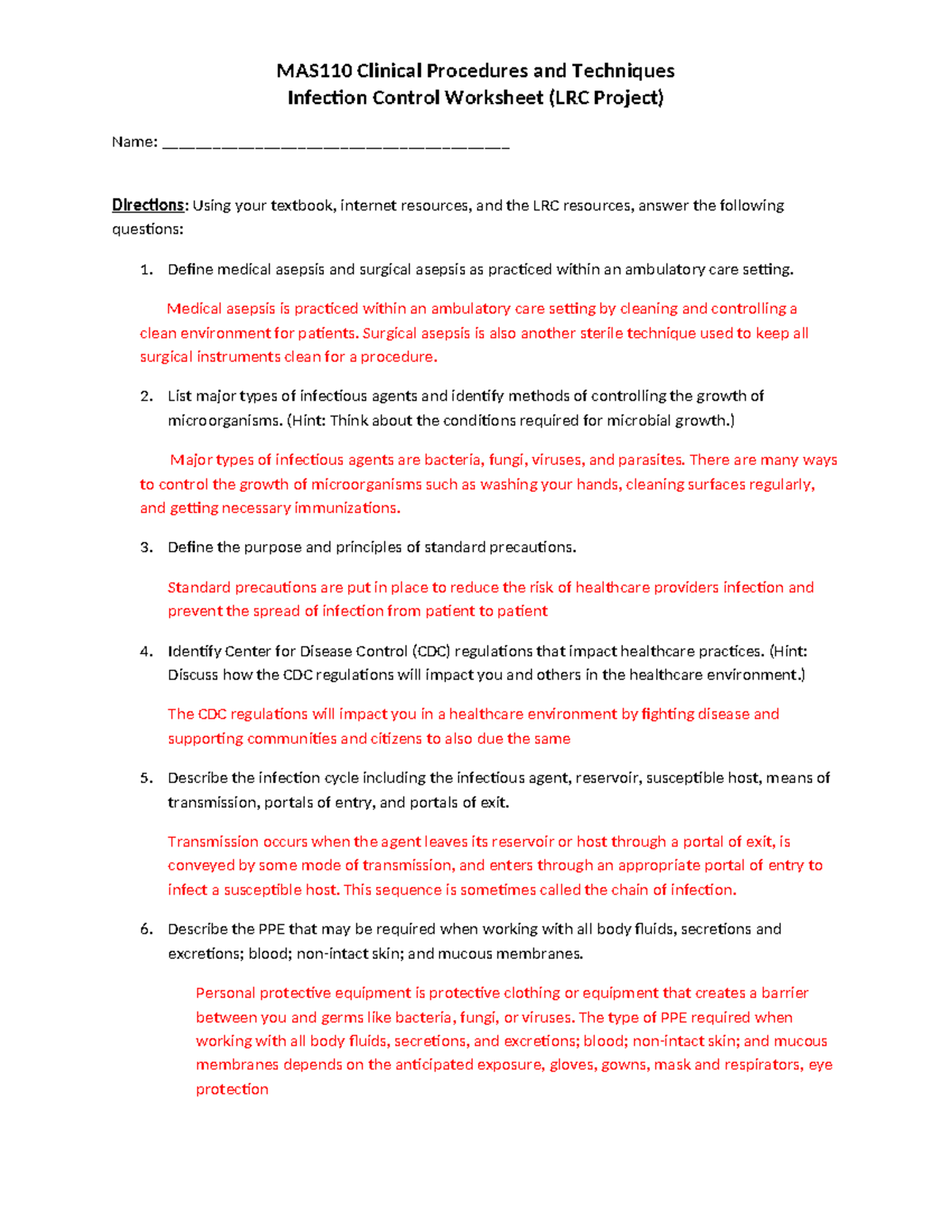 MAS110 Week 1 Infection Control Worksheet (2) DONE - MAS110 Clinical ...