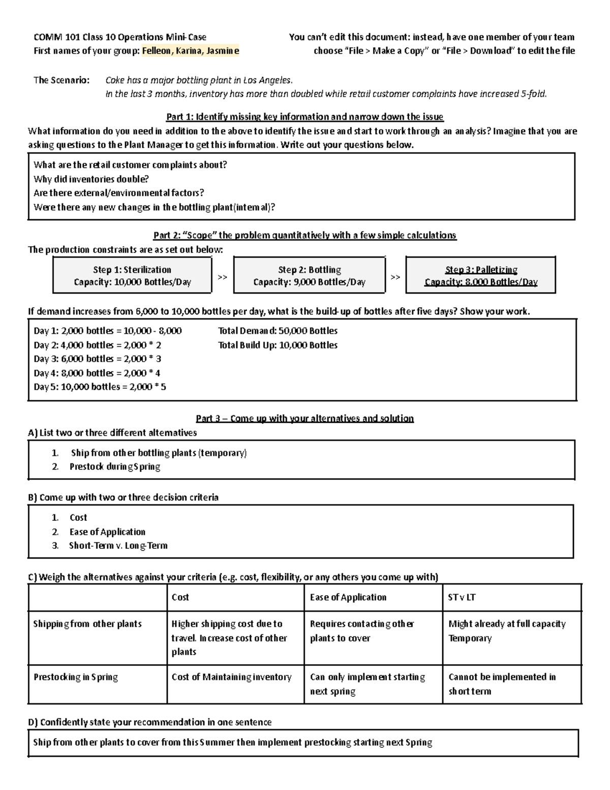 Worksheet-C09-Operations Mini Case - COMM 101 Class 10 Operations Mini ...