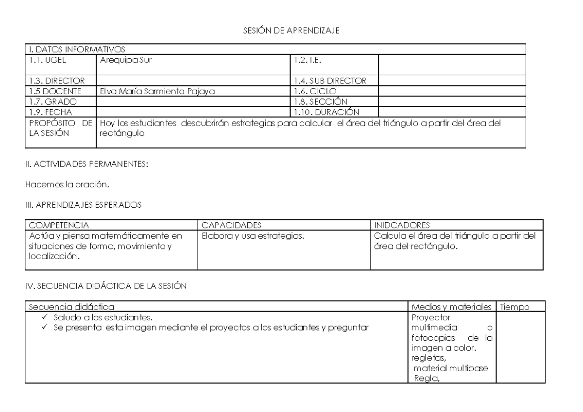 Sesin de aprendizaje matematica - SESI”N DE APRENDIZAJE I. DATOS INFORMATIVOS UGEL Arequipa Sur ...