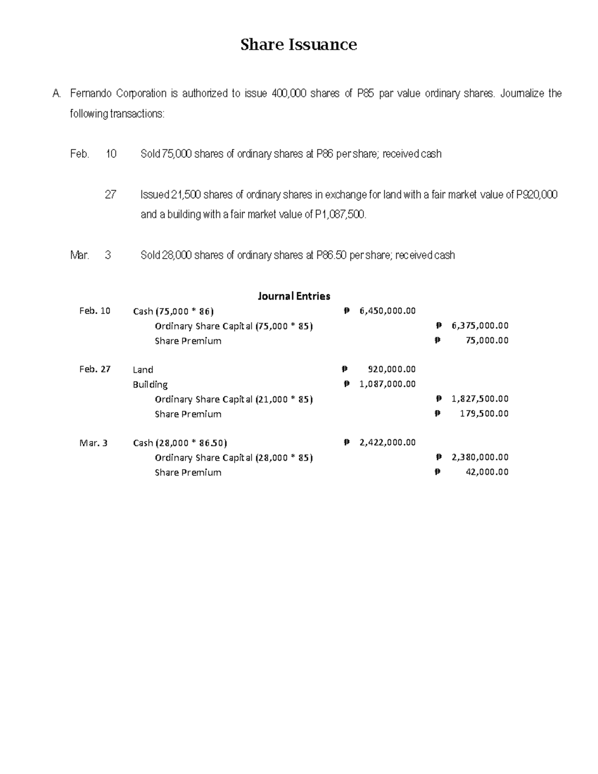 Share Issuance - This file contains possible answers to the given ...