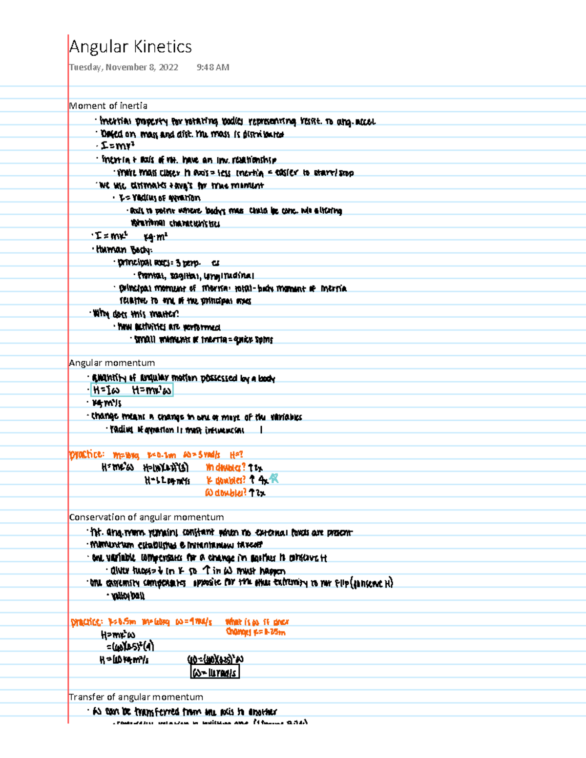 Angular Kinetics - Moment of inertia Angular momentum Conservation of ...