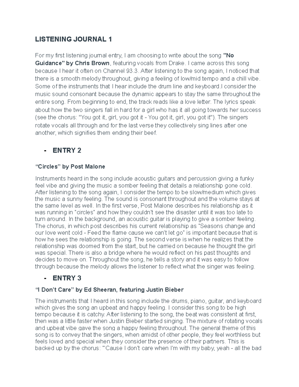 MUS 107 Listening Journal 1 - LISTENING JOURNAL 1 For my first ...