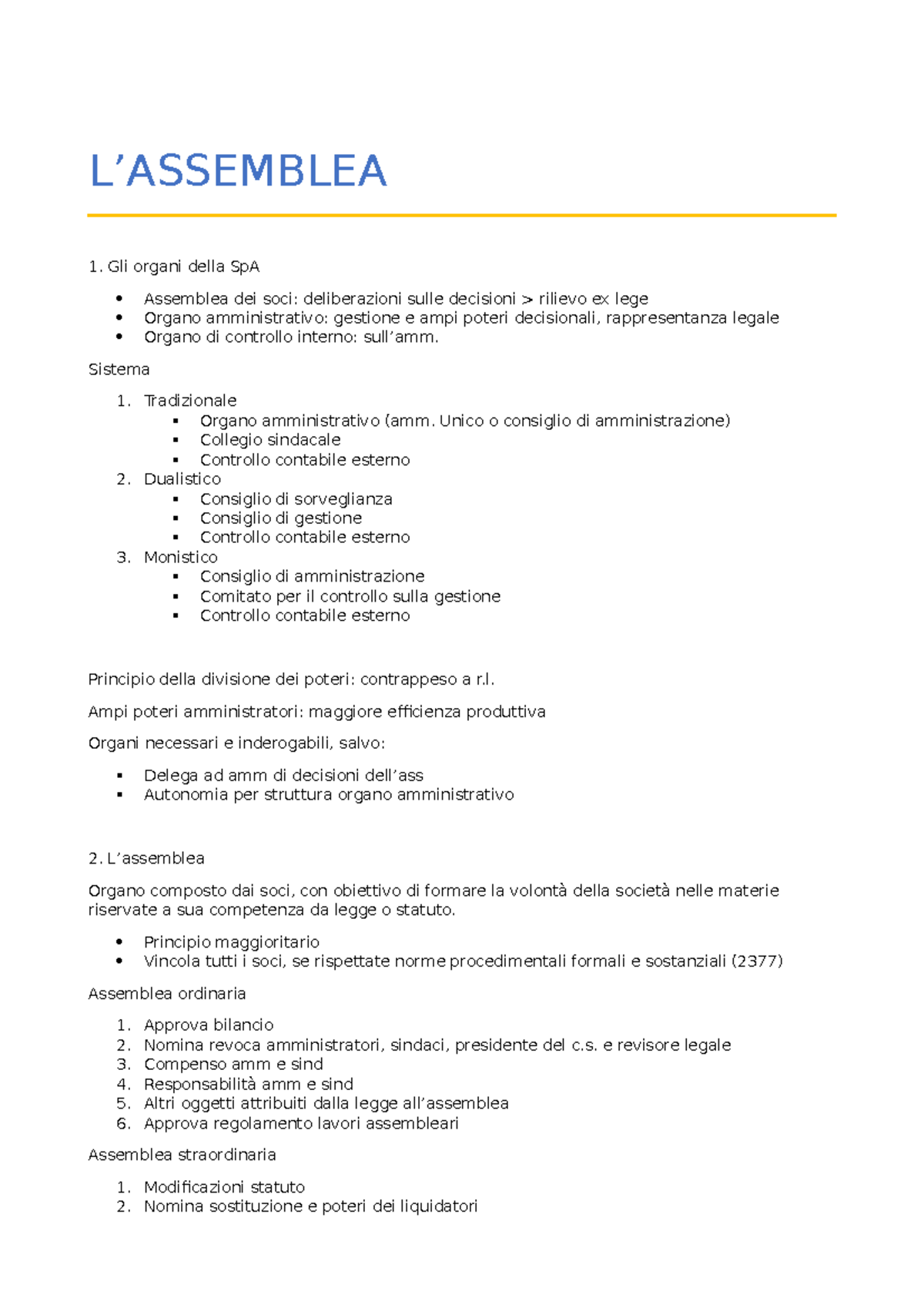 Assembea spa - riassunti per preparazione esame - L’ASSEMBLEA Gli ...