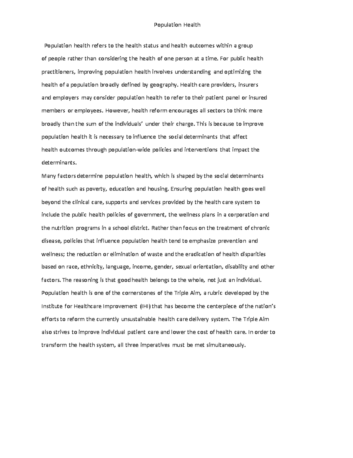 Population Health 1 - Notes - Population Health Population health ...