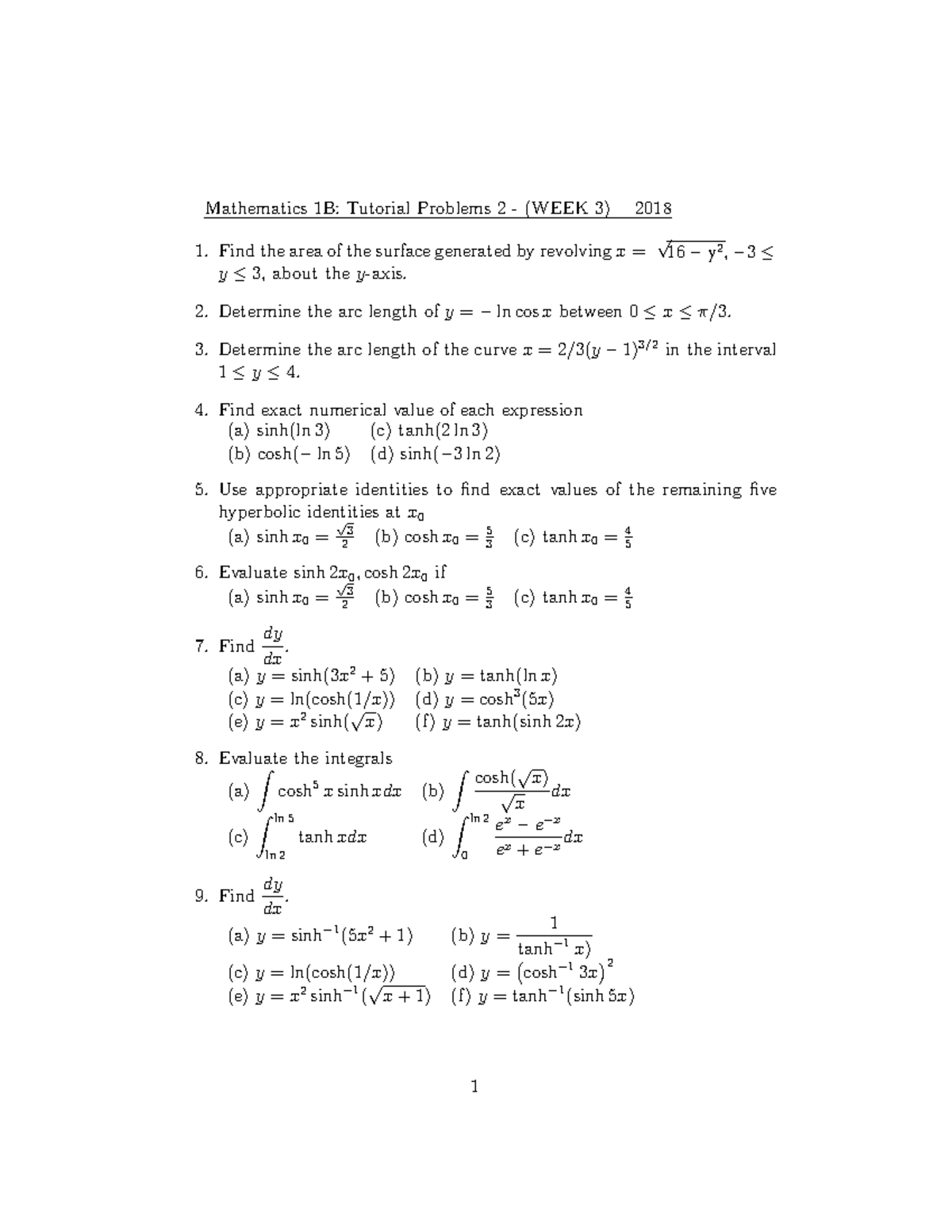 Tutorial 2 Week 3 - TUTS - Find the area of the surface generated by revolvingx= Mathematics 1B ...