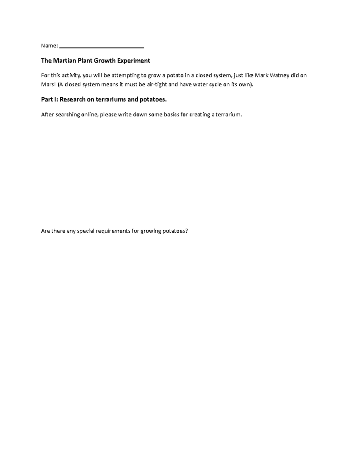 The Martian Plant Growth Experiment - Name: The Martian Plant Growth ...