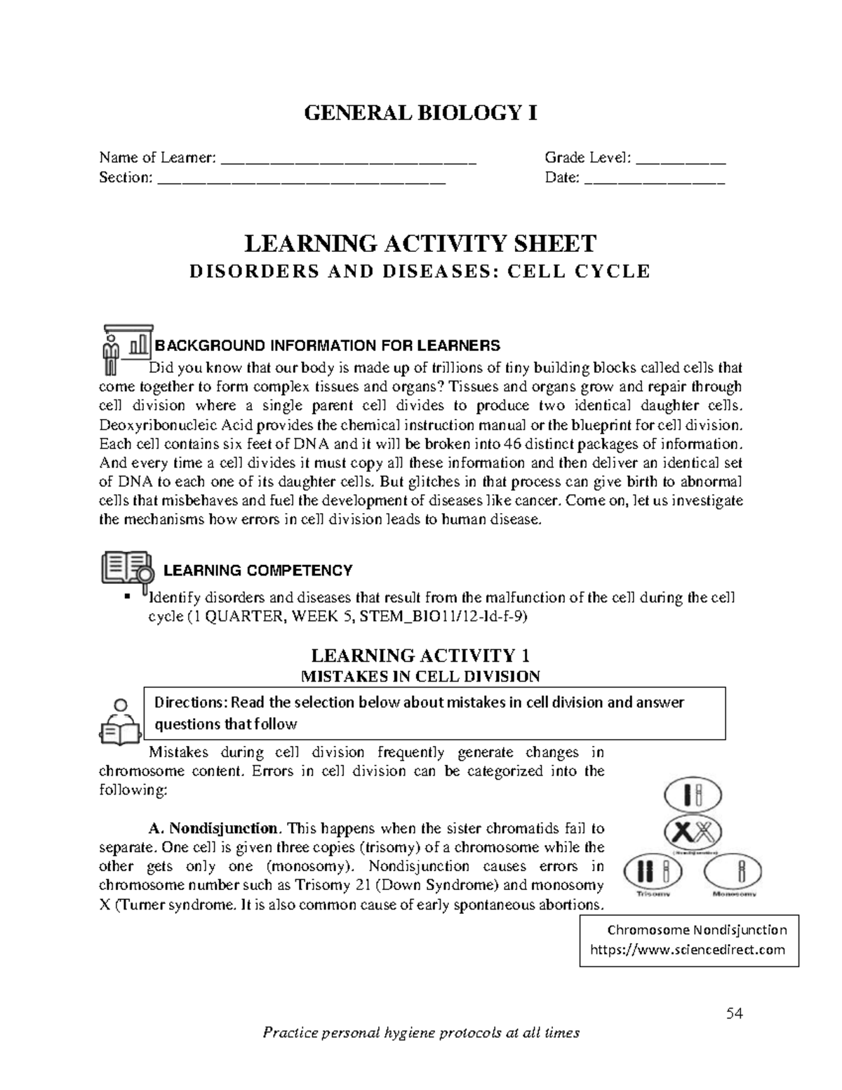 6 LAS Bio1 Disorder Diseases Cell Cycle - GENERAL BIOLOGY I Name of ...