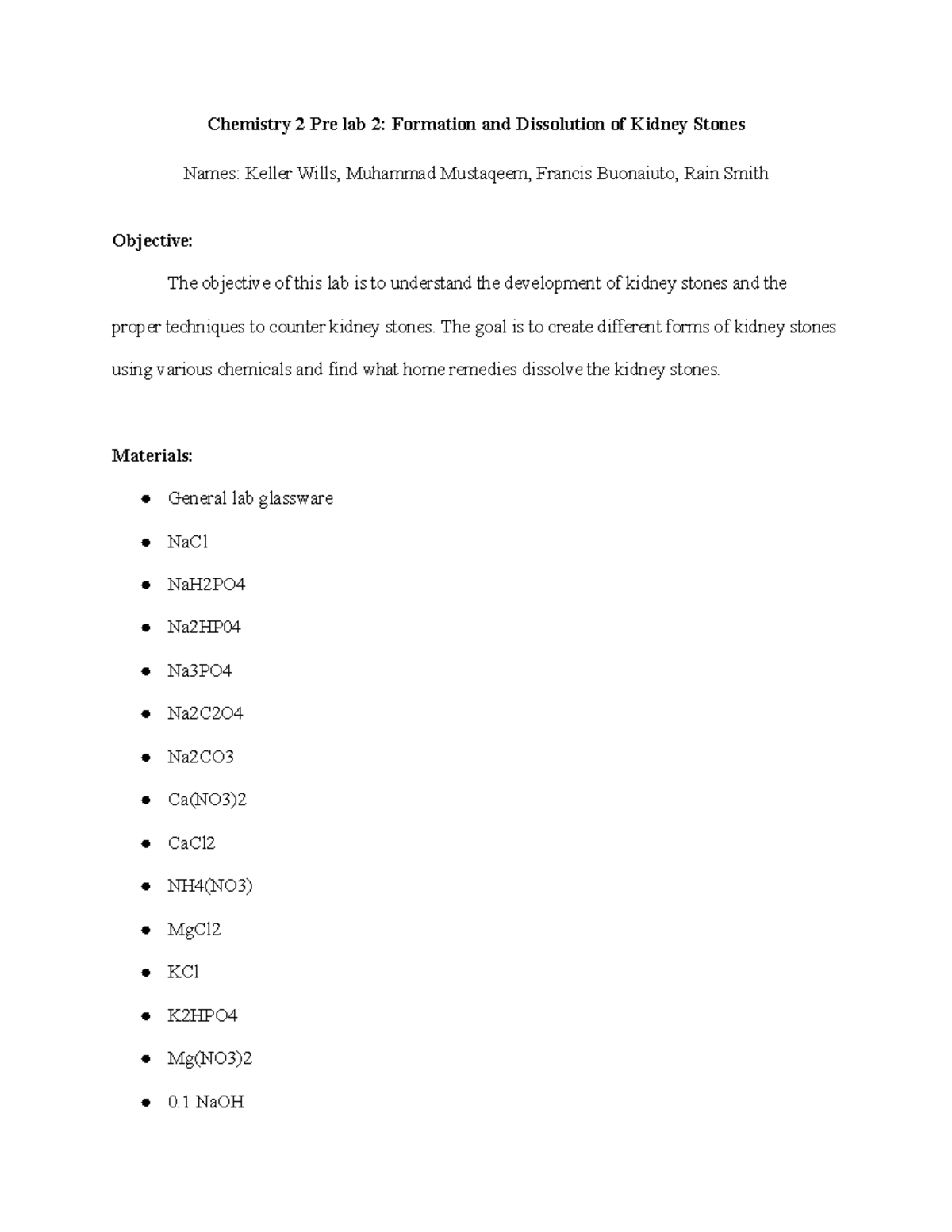 Chemistry 2 Pre lab 2 Formation and Dissolution of Kidney Stones ...