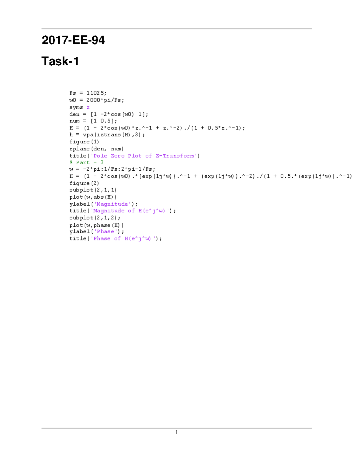 DSP-5 - digital signal processing lab - 201 7- EE- Task- Fs = 11025; w0 ...