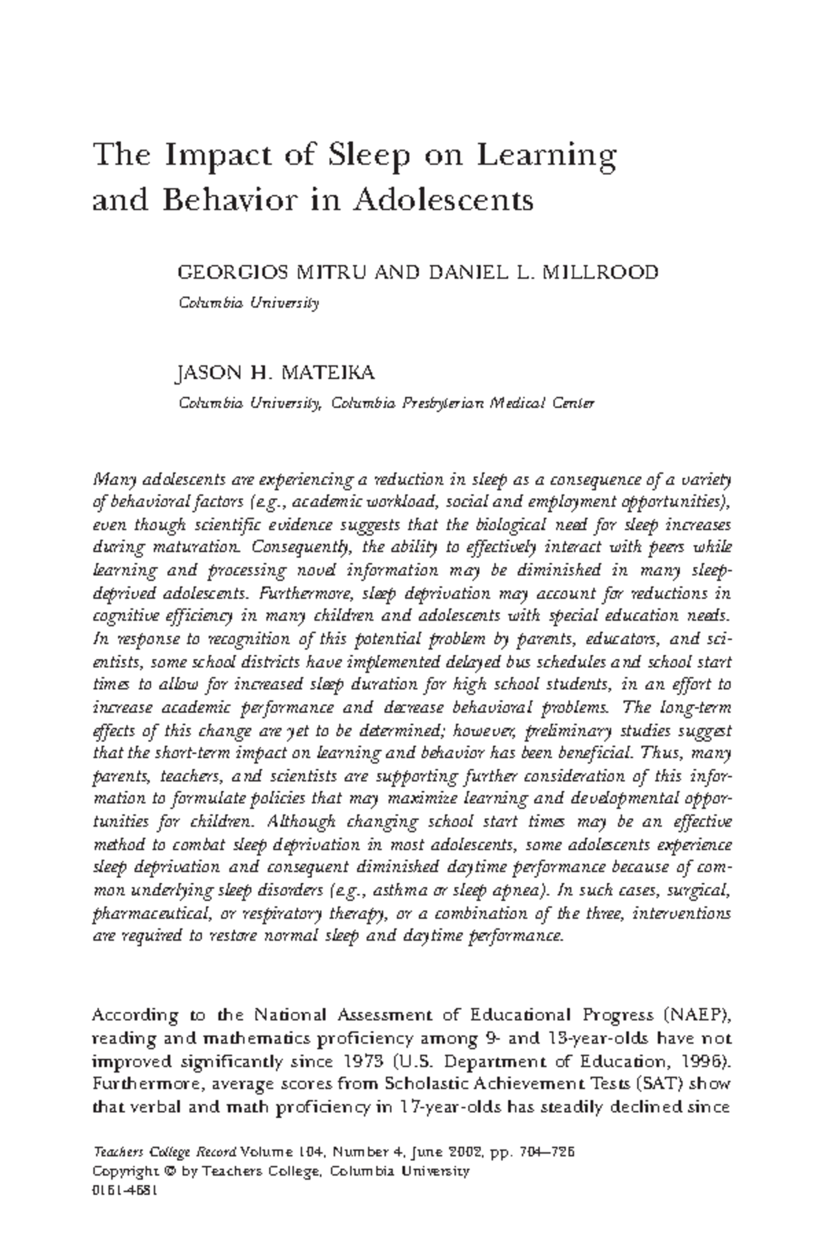 Mateikasleepandlearning - The Impact of Sleep on Learning and Behavior ...