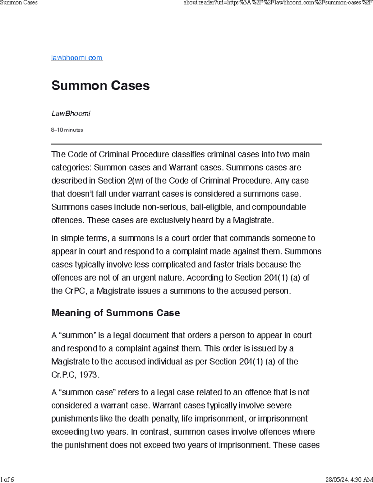 Summon Cases - Summons cases are described in Section 2(w) of the Code of Criminal Procedure ...