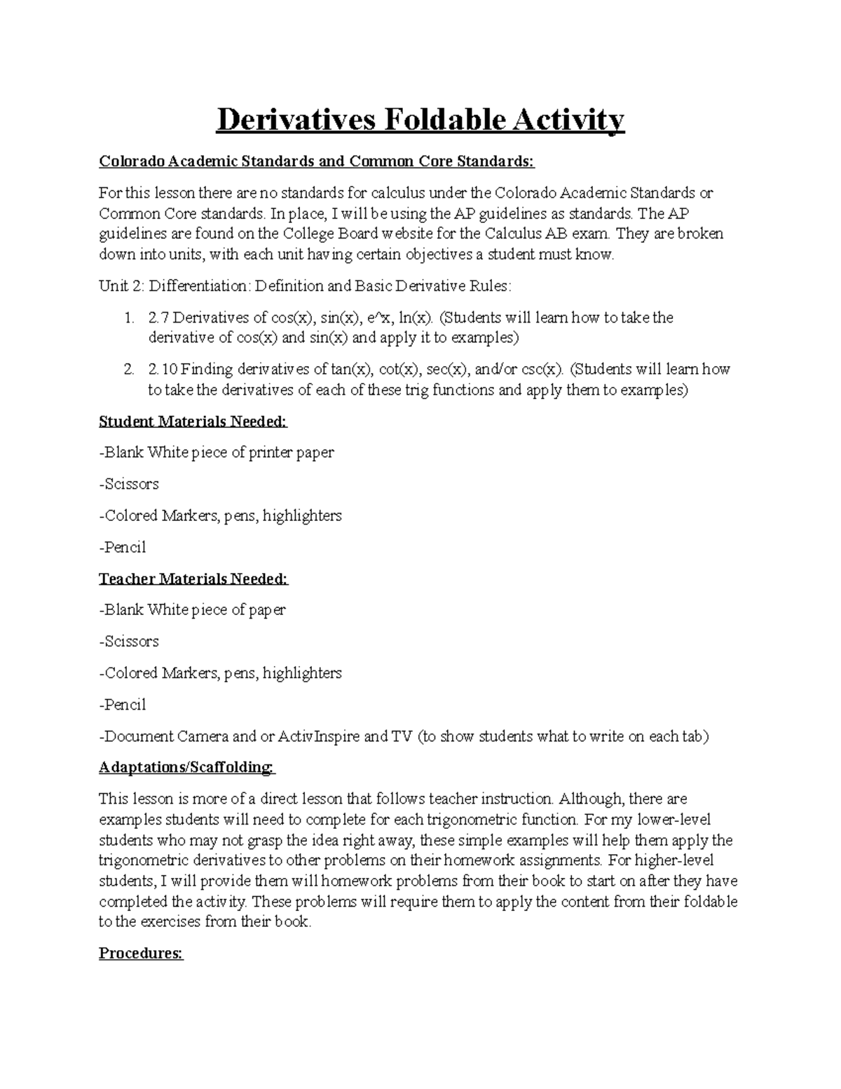 Lesson Plan Derivatives Foldable - Derivatives Foldable Activity ...