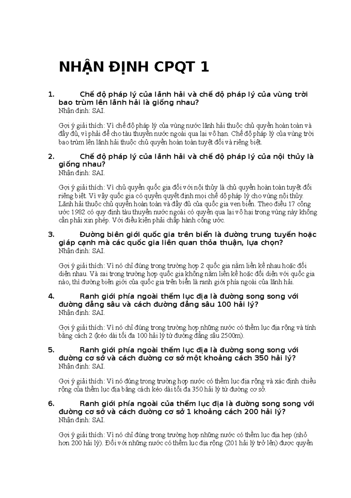 Nhận định CPQT 1 - Nhận định - NHẬN ĐỊNH CPQT 1 Chế độ pháp lý của lãnh hải và chế độ pháp lý ...