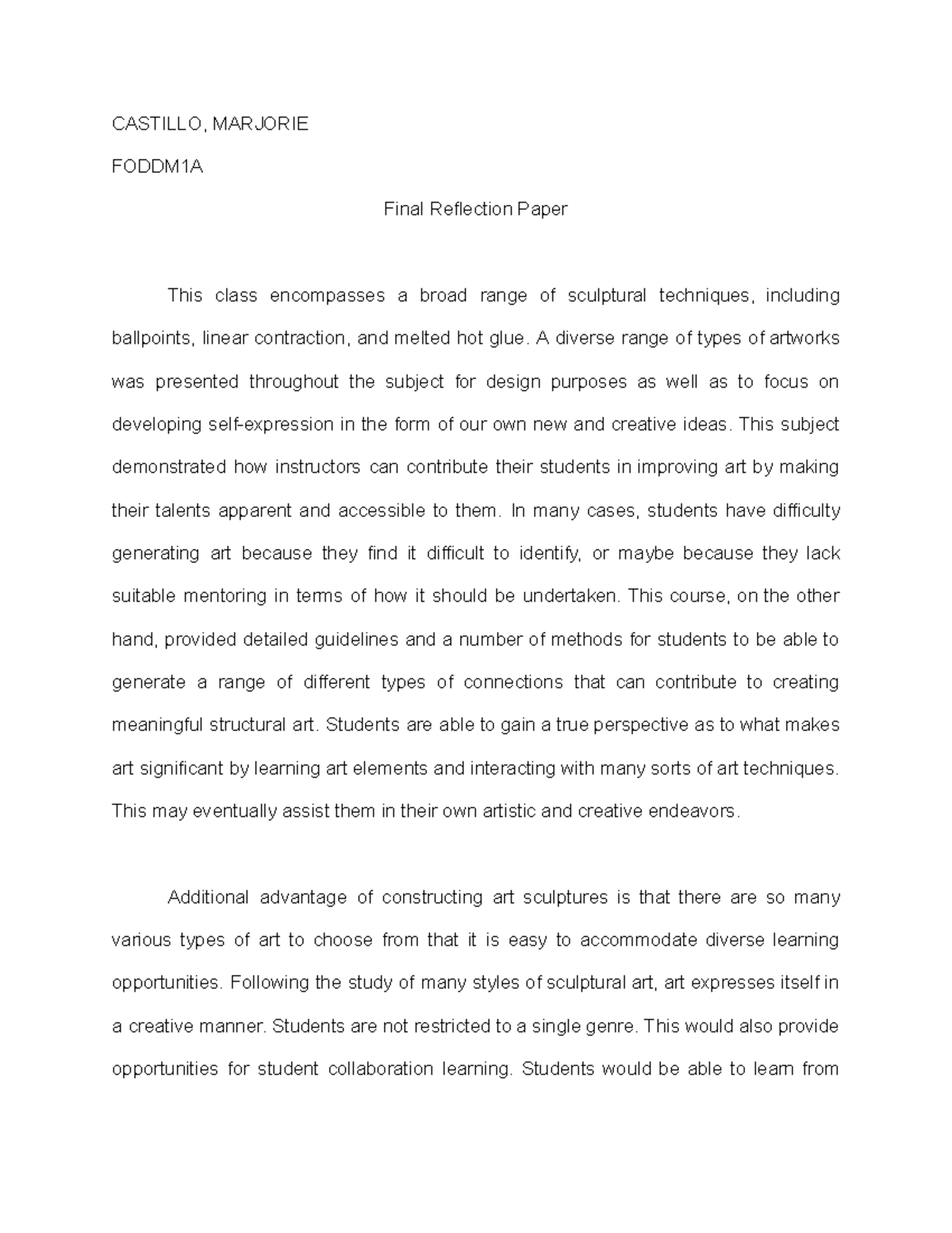 Reflection Paper on Sculpture Experiences and Learnings - Multimedia ...