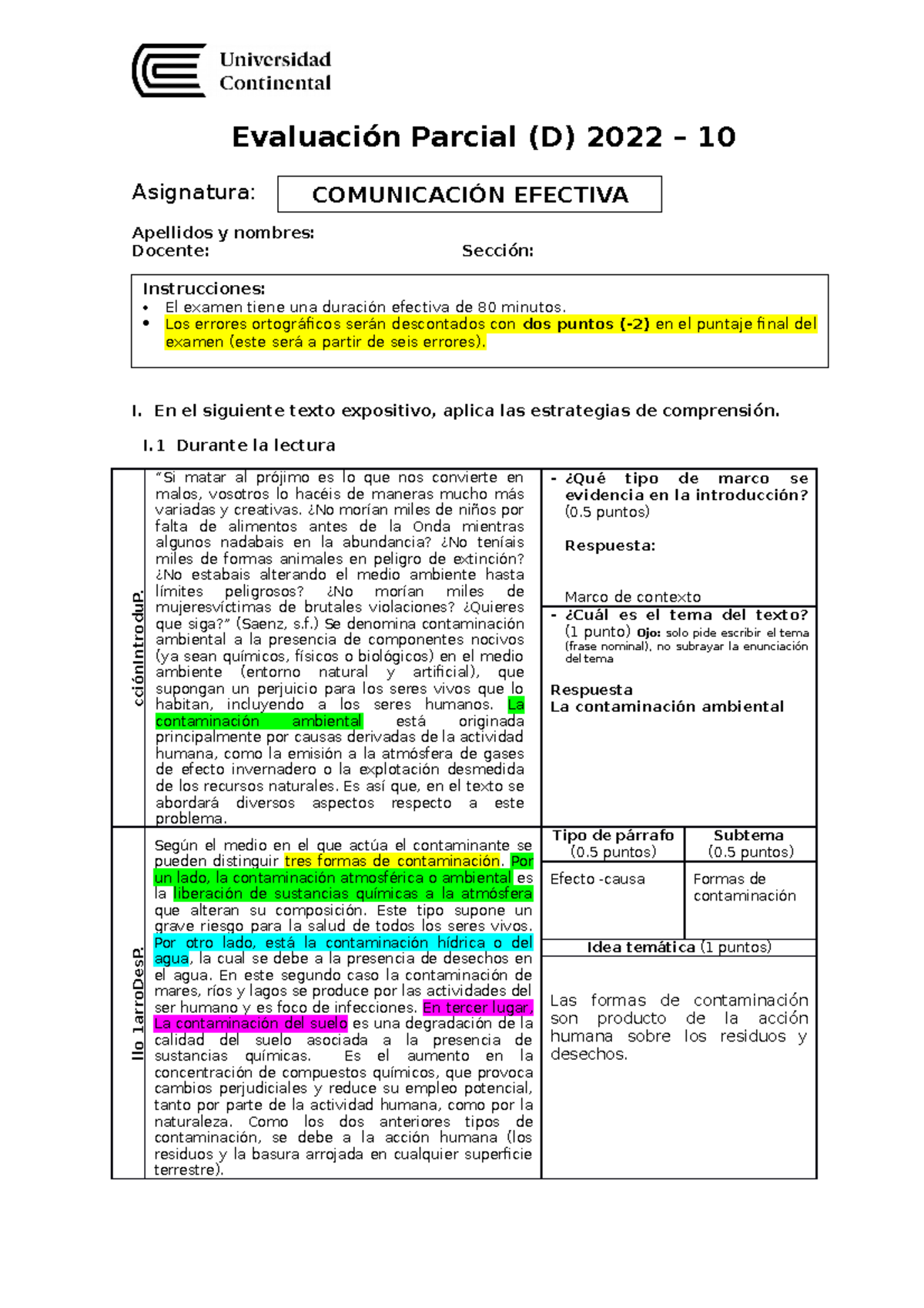 Comunicacion efectiva - Evaluación Parcial (D) 2022 – 10 Asignatura: Apellidos y nombres ...