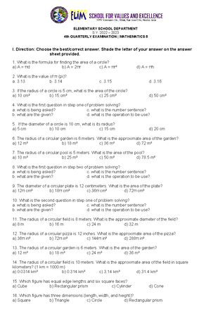 Mathematics 4 UNIT TEST 1 - ELEMENTARY DEPARTMENT S. 2024 – 2025 UNIT ...