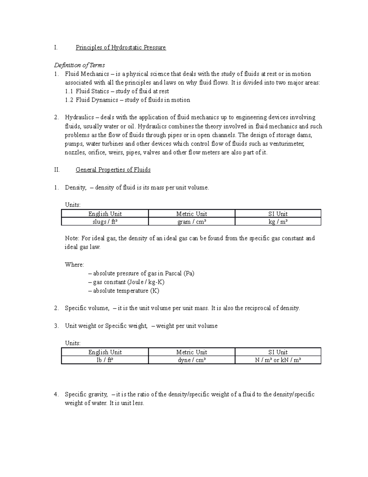 Fluid Mechanics Module 1 - I. Principles of Hydrostatic Pressure Definition of Terms Fluid ...