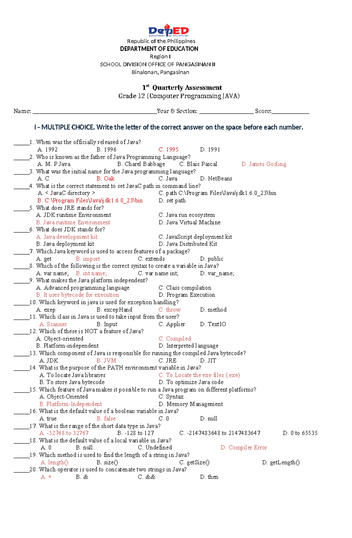 JAVA PROG 1ST Quarter EXAM 2024 - Republic of the Philippines ...