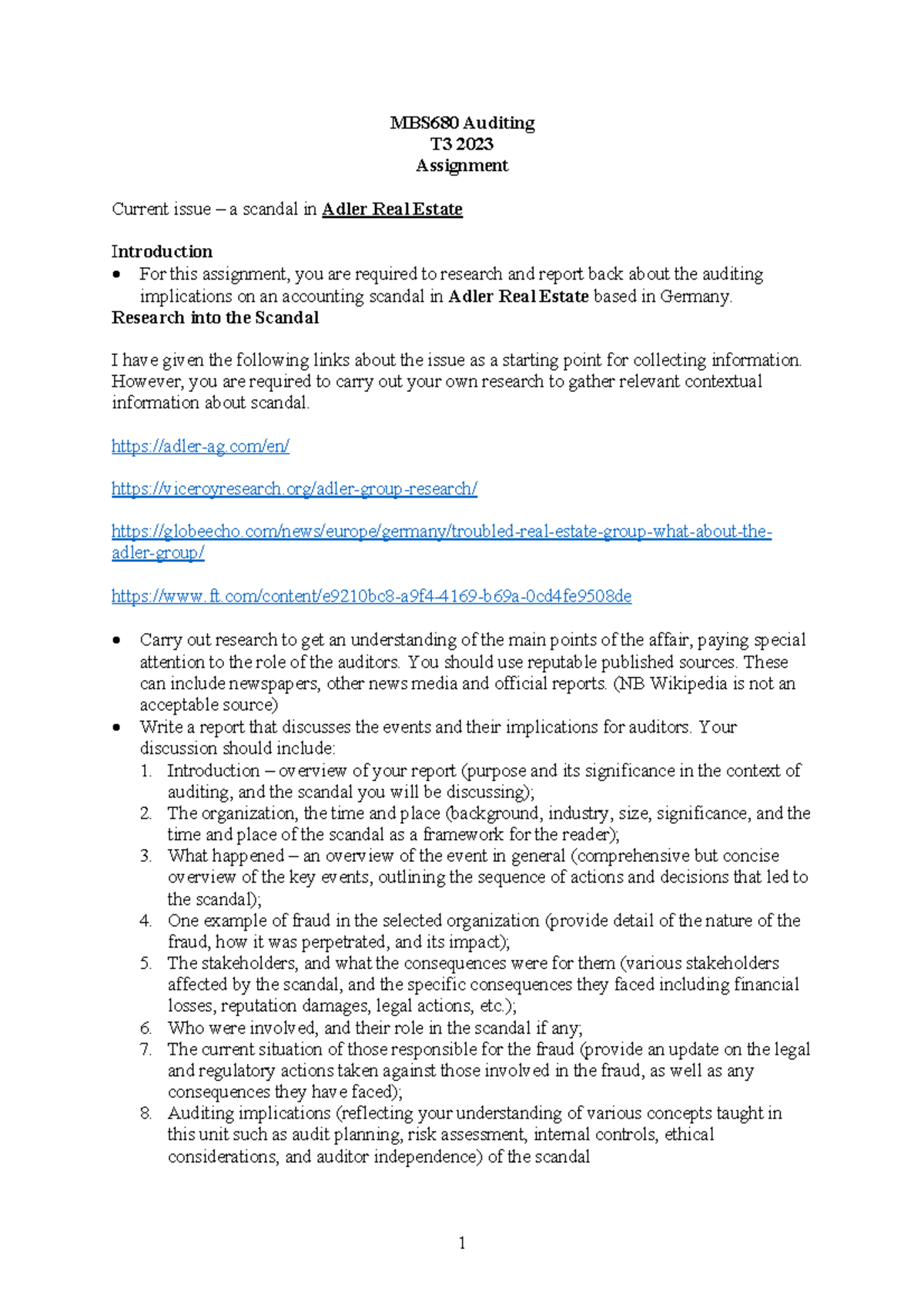 Asignment Requirement - 1 MBS680 Auditing T 3 2023 Assignment Current ...