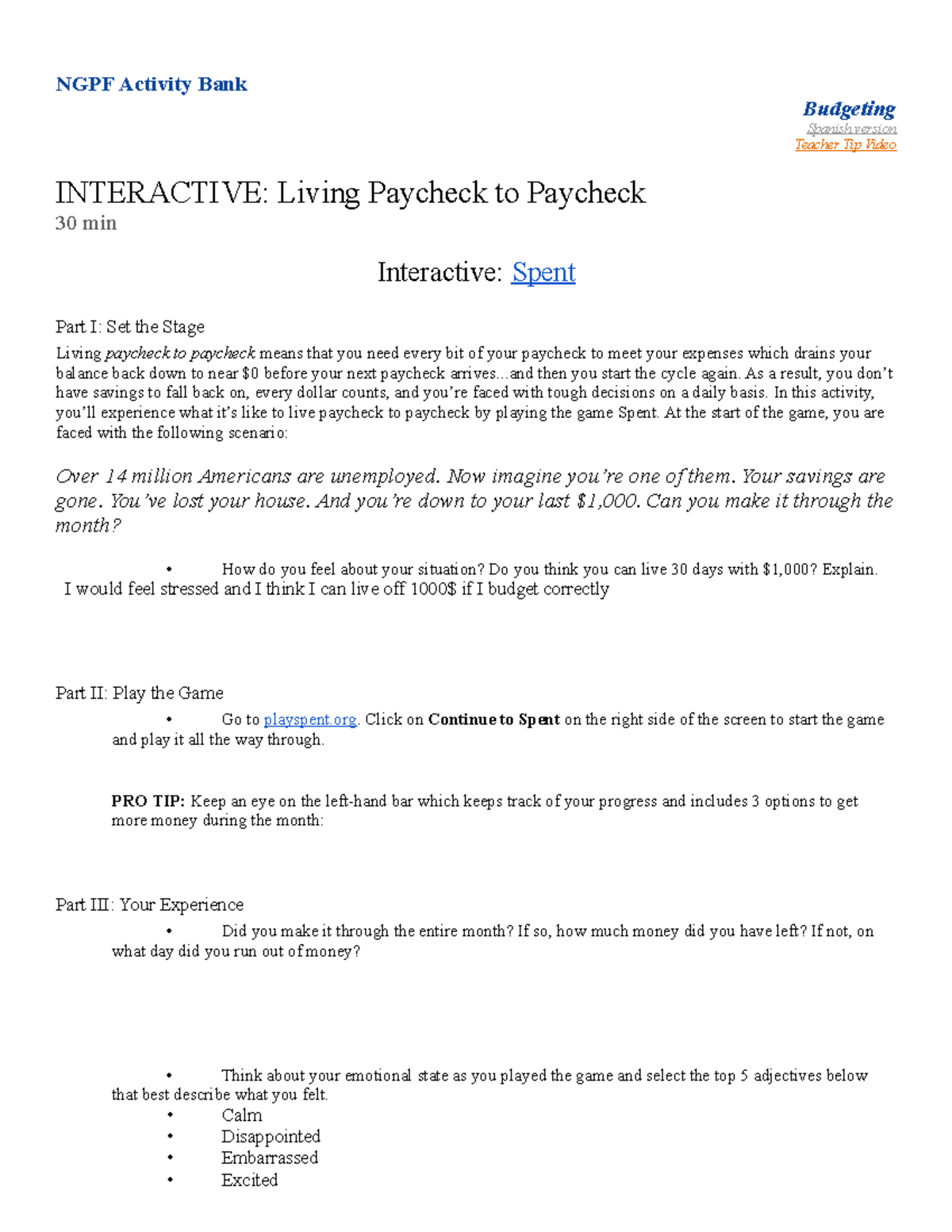 Interactive Living Paycheck to Paycheck - NGPF Activity Bank Budgeting ...