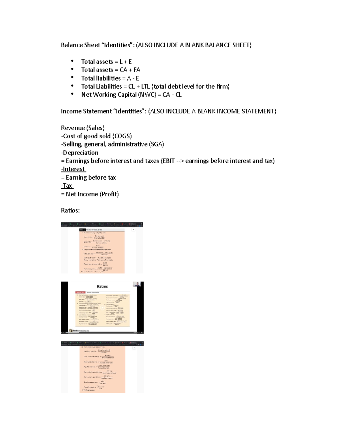 Finance Formulas - Balance Sheet “Identities”: (ALSO INCLUDE A BLANK ...