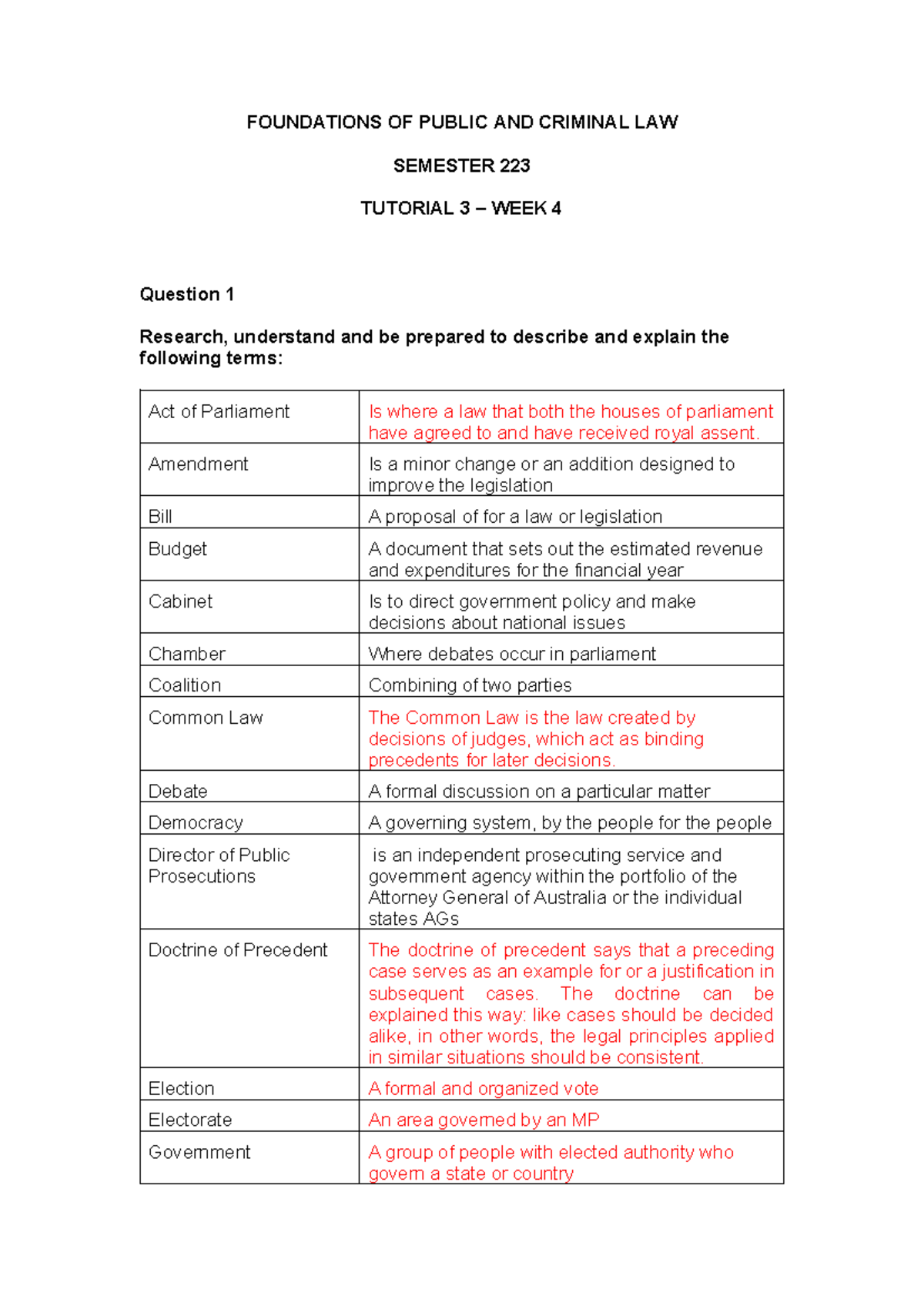 Tutorial 3 - Week 4 - 223 - TUTE - FOUNDATIONS OF PUBLIC AND CRIMINAL ...