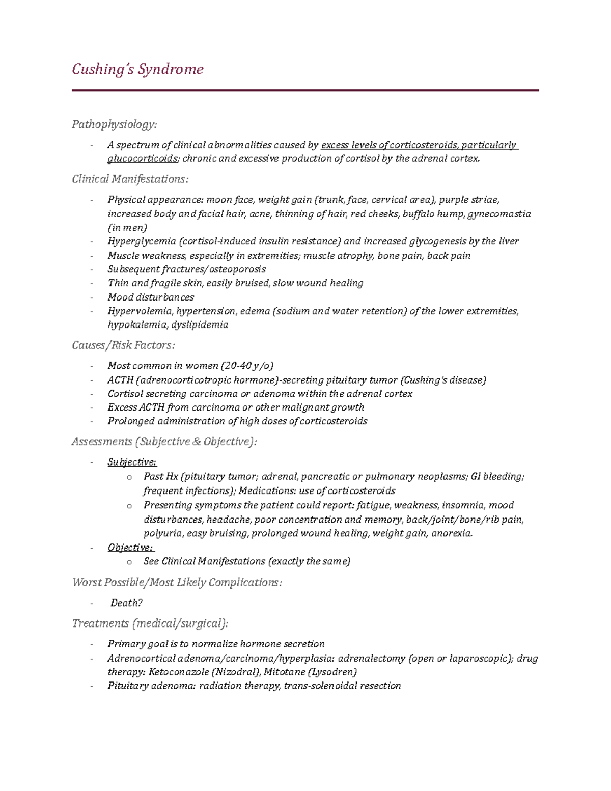Cushing's Syndrome CNUR 204 Study Map - Cushing’s Syndrome ...