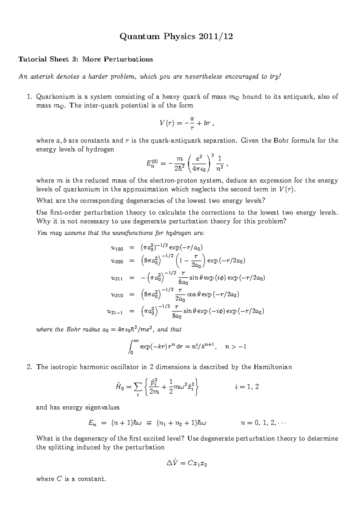 Tutorial 03 - Questions - Quantum Physics Tutorial Sheet 3: More ...