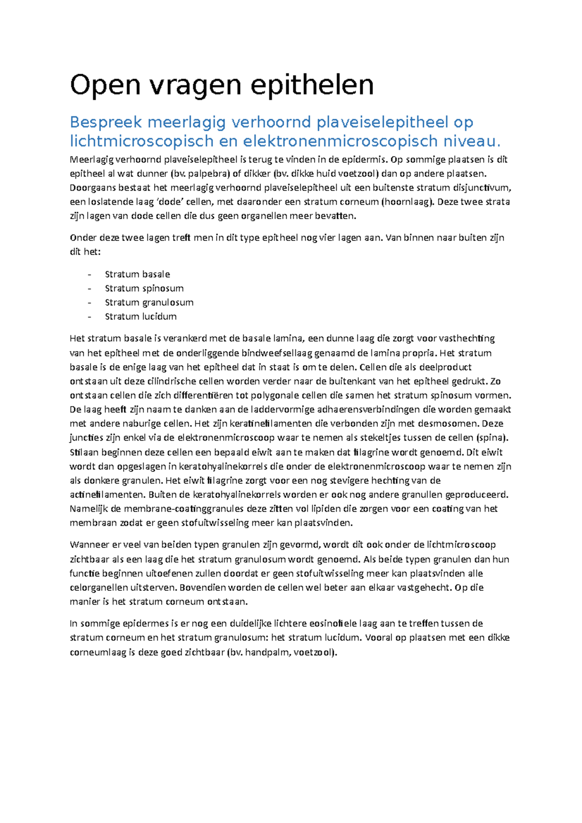 Open-vragen-epithelen - Open vragen epithelen Bespreek meerlagig ...
