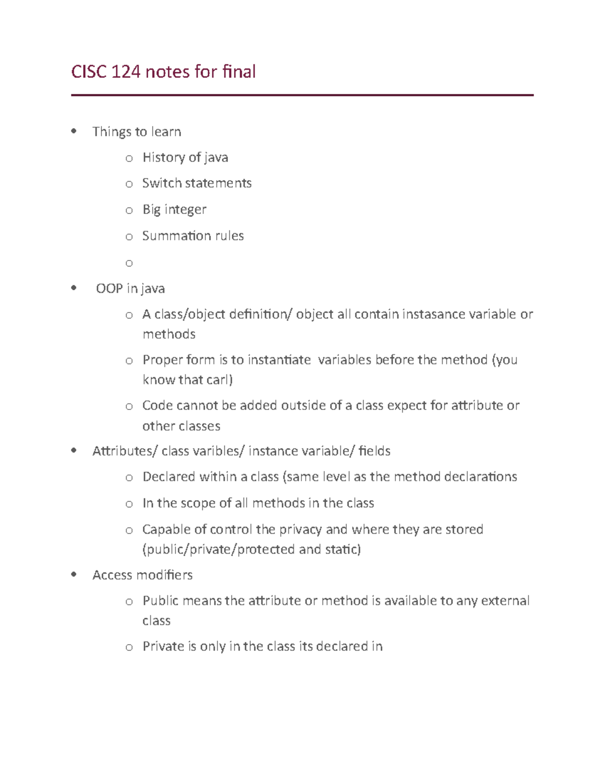 Cisc 124 Notes For Final Cisc 124 Notes For Final Things To Learn O History Of Java O Switch
