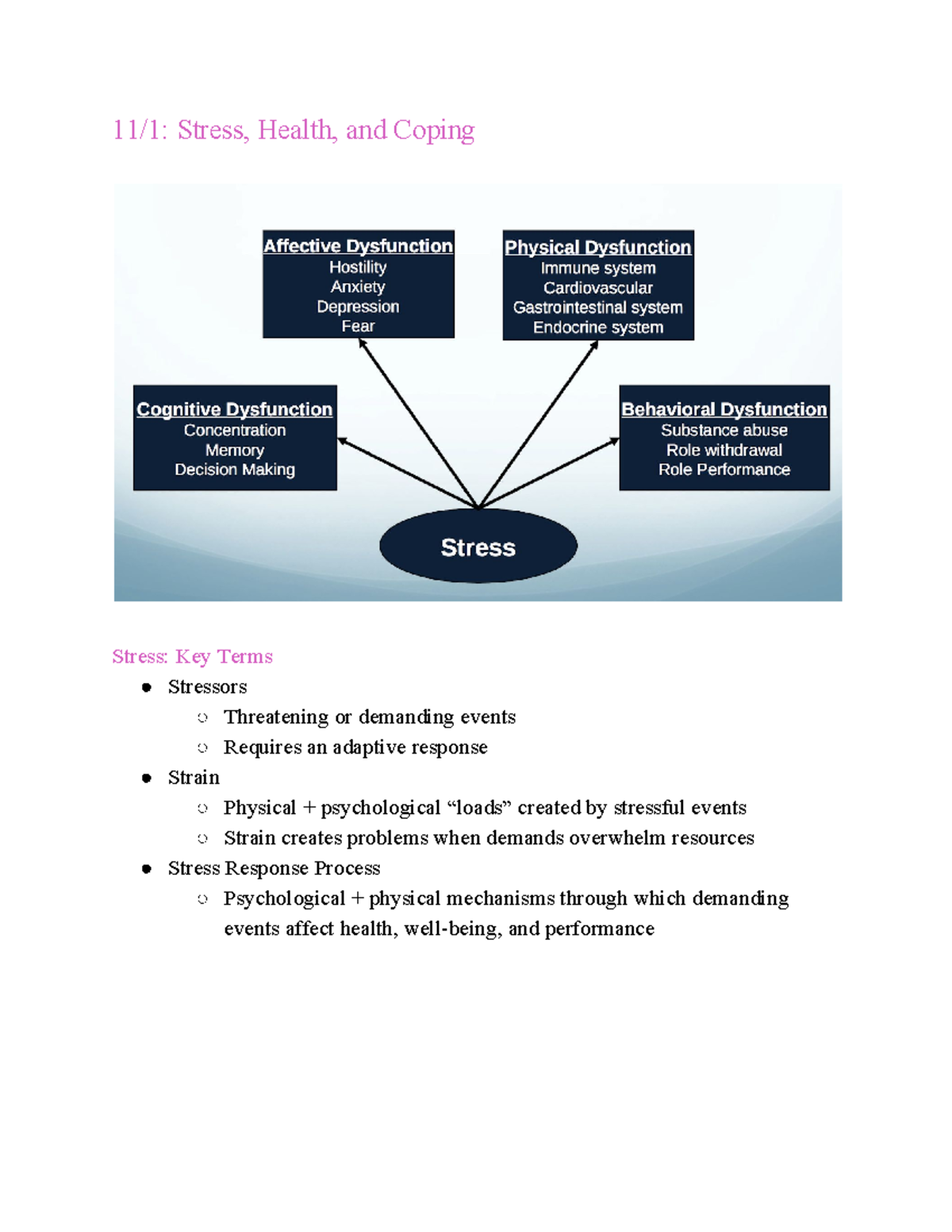 Psych 204 WEEK 6 (11 1) - 11/1: Stress, Health, and Coping Stress: Key ...