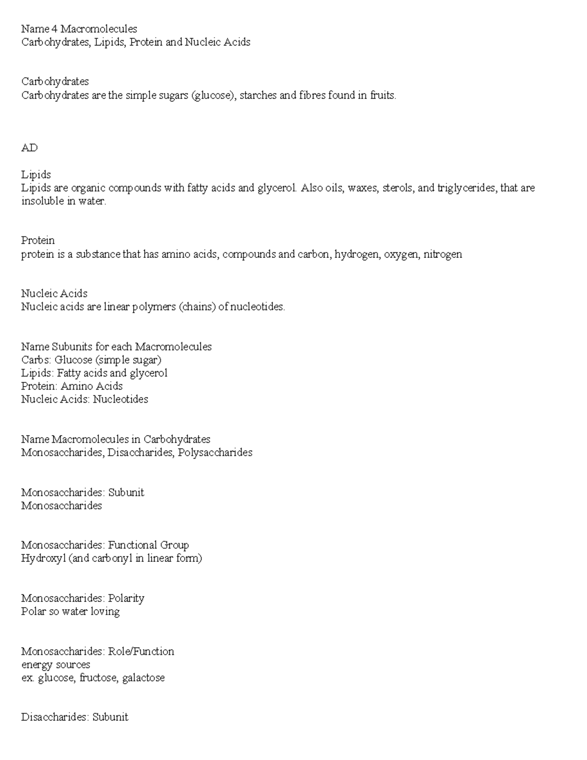 Unit.1.short answers - macromolecules - Name 4 Macromolecules ...