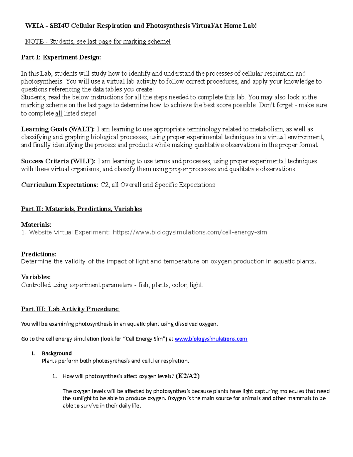 D - 강의 필기 1-2 - WEIA - SBI4U Cellular Respiration and Photosynthesis ...