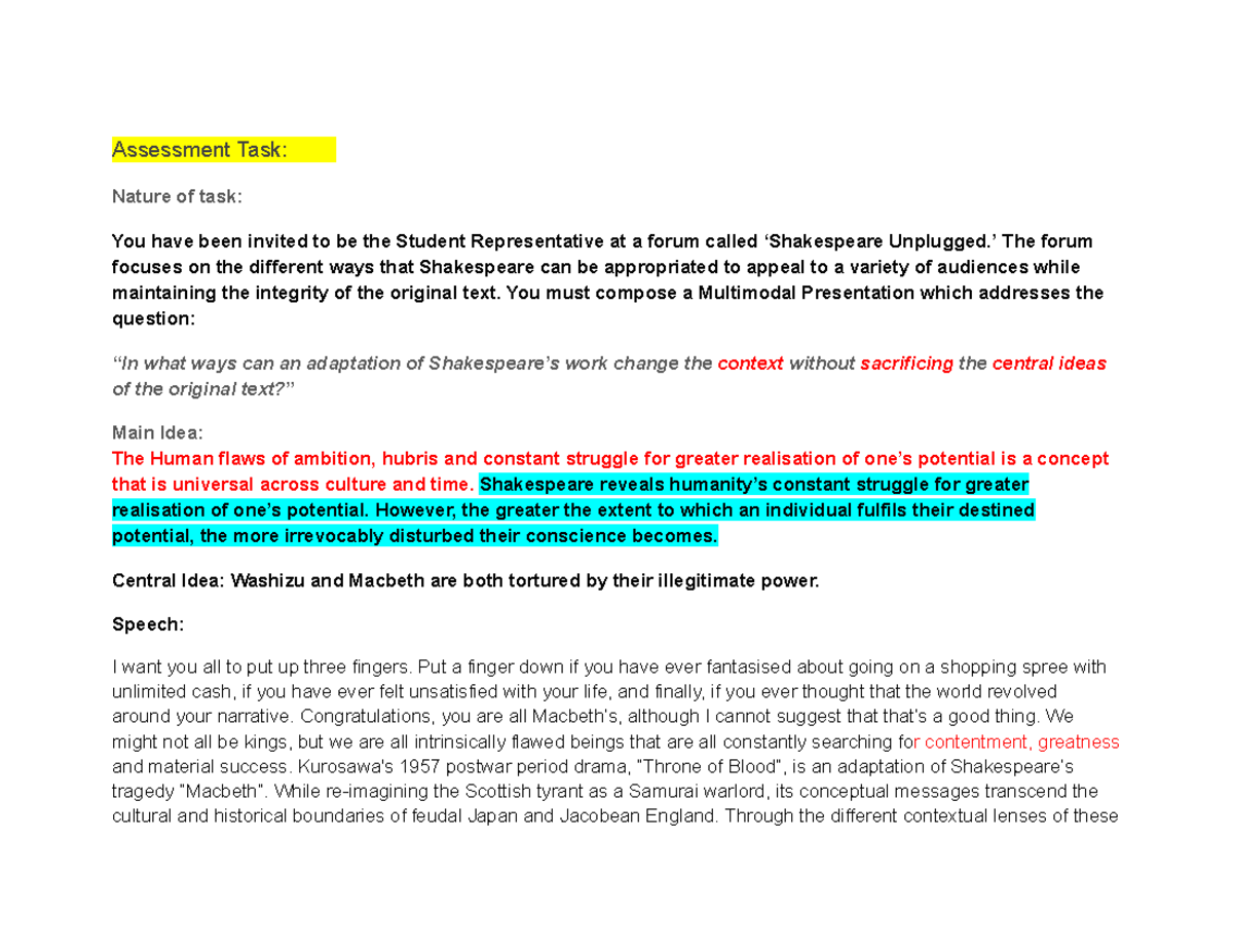 Macbeth Comparative Studies - Assessment Task: Nature of task: You have ...