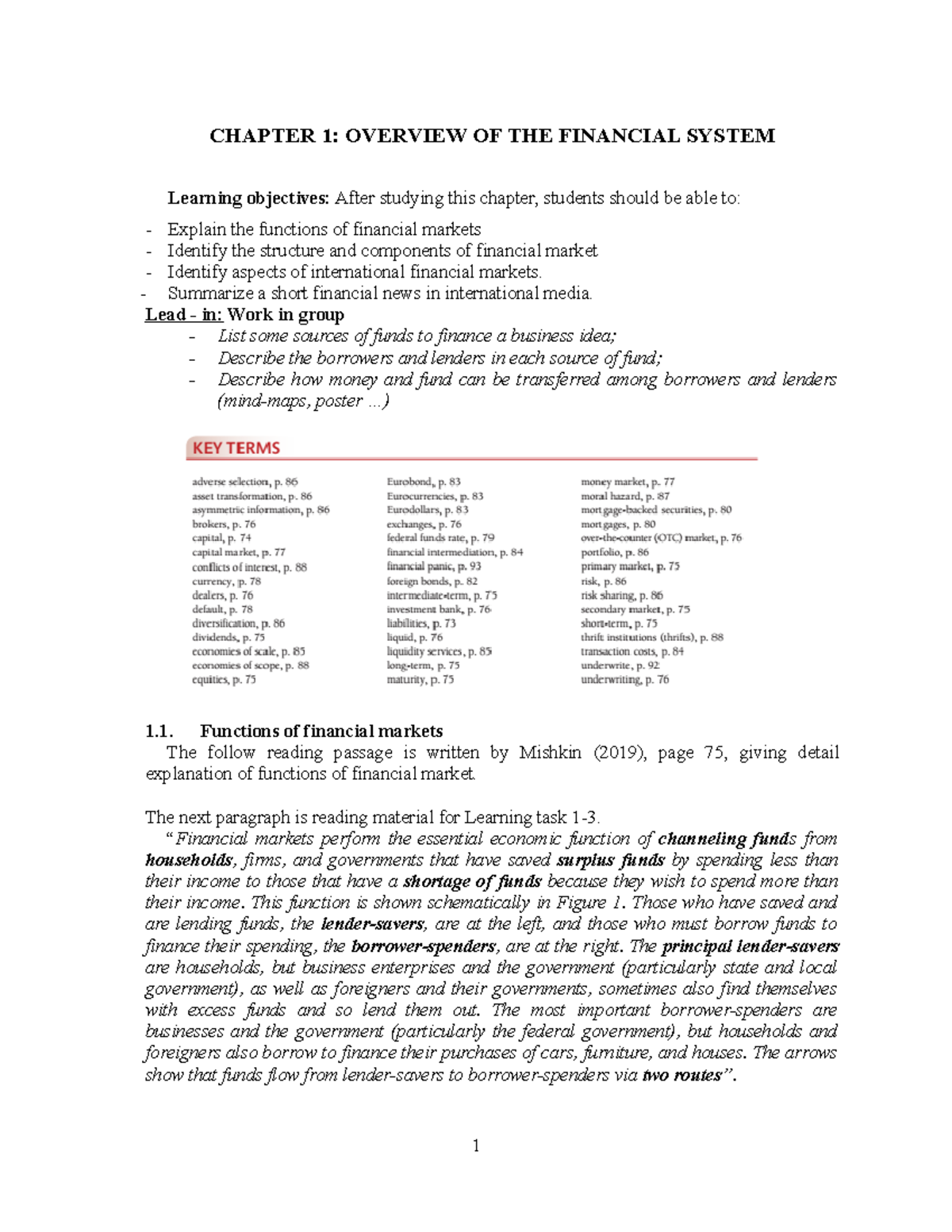 Chapter 1 lectute notes - CHAPTER 1: OVERVIEW OF THE FINANCIAL SYSTEM ...