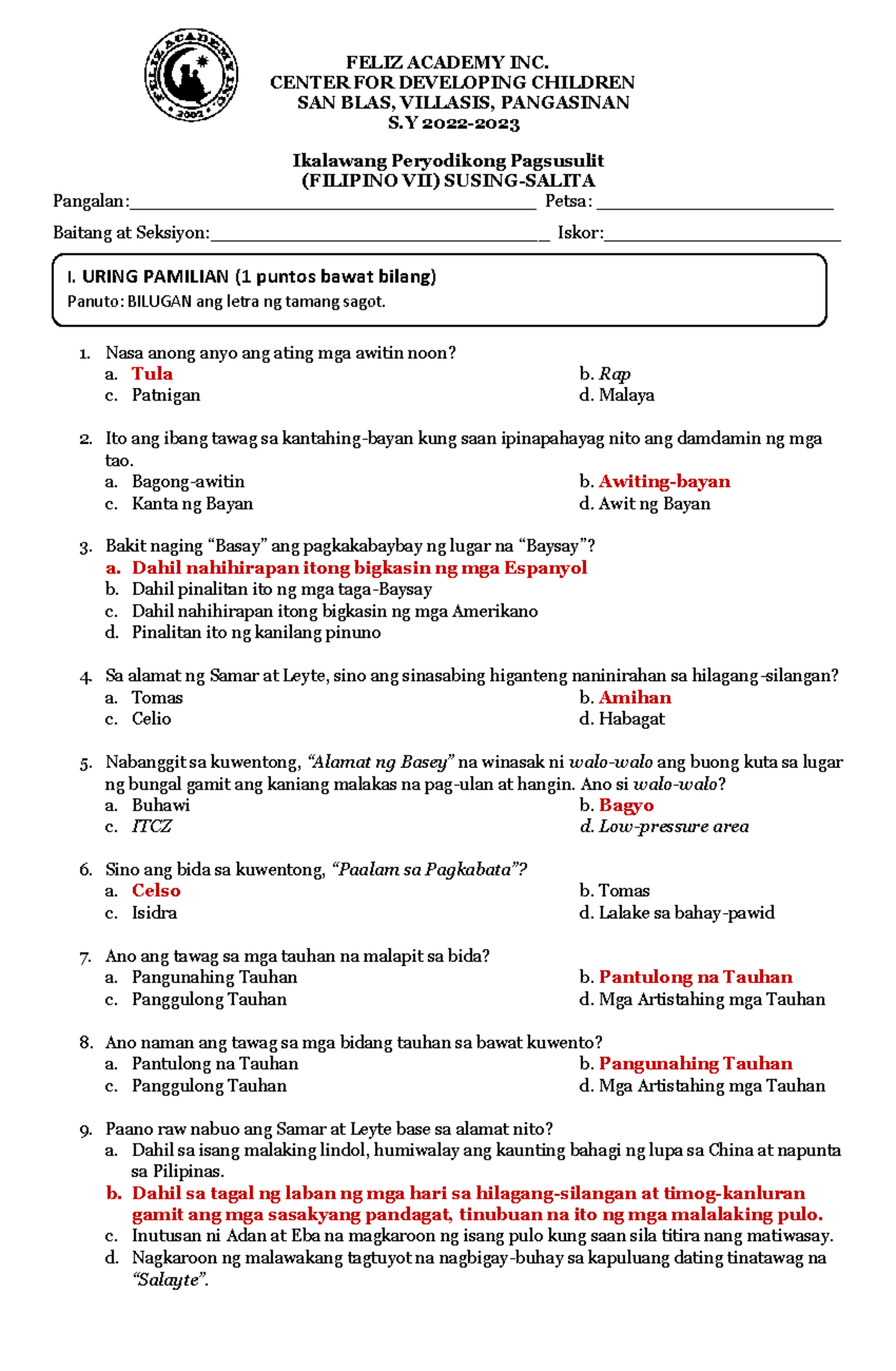 Filipino VII Second Quarter - FELIZ ACADEMY INC. CENTER FOR DEVELOPING ...