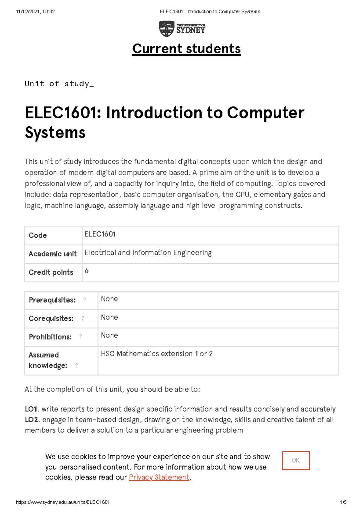 ELEC1601 Introduction to Computer Systems sydney summery page details - Unit of study_ ELEC1601 ...