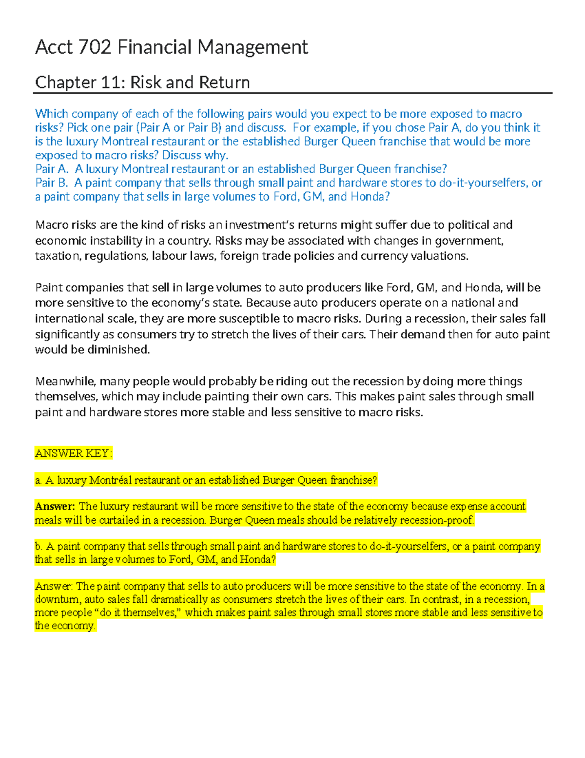 ACCT 702 Ch.11 Discussion on Risk and Return - Acct 702 Financial Management Chapter 11: Risk ...