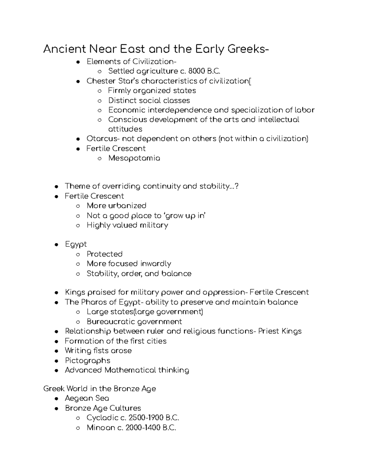 History 101-001 - Only the first half of the semester notes - Ancient ...
