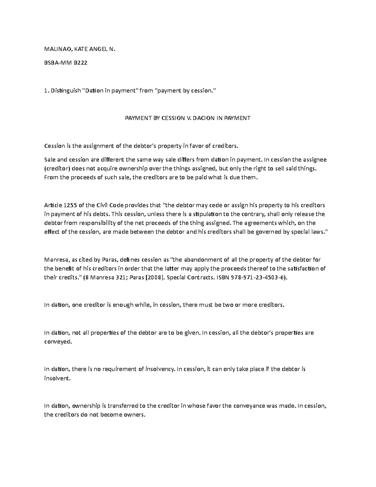Dation in payment Malinao Kate Angel N - MALINAO, KATE ANGEL N. BSBA-MM ...