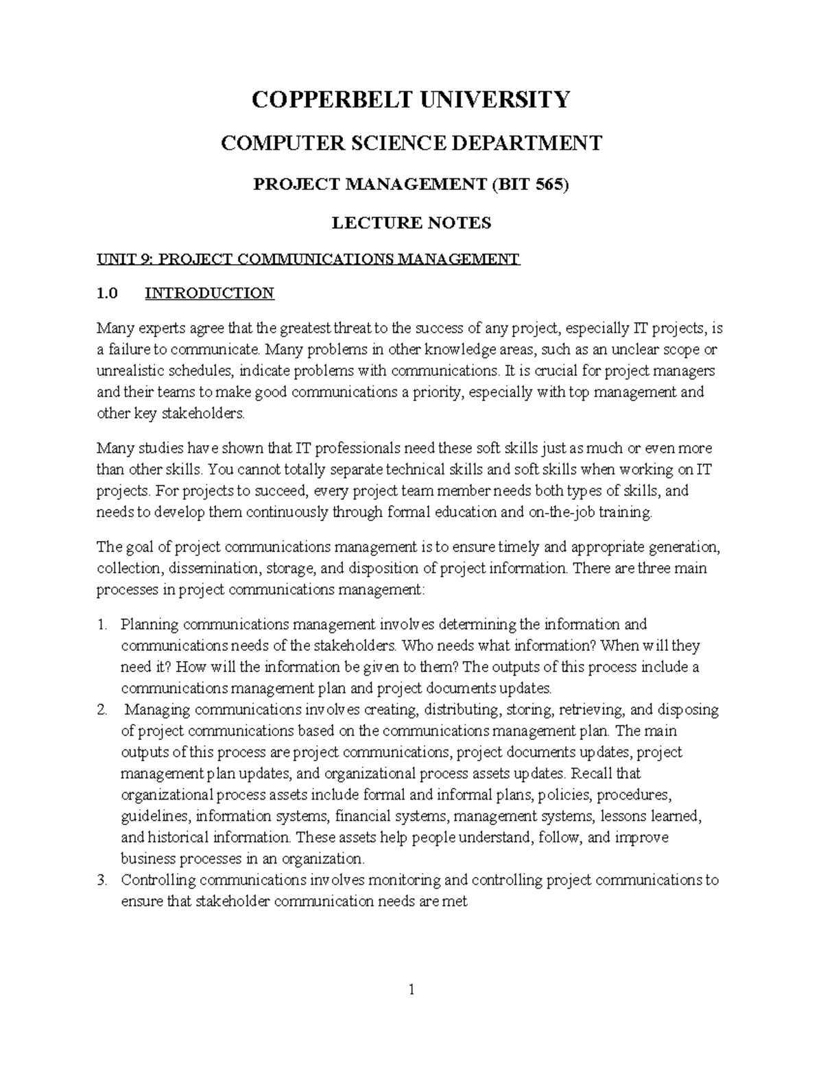 BIT 565 - Project Communication Management - COPPERBELT UNIVERSITY COMPUTER SCIENCE DEPARTMENT ...