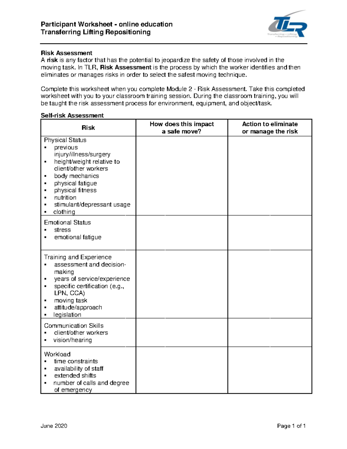 TLR online Self-Risk Assessment worksheet June1-2020 - Participant ...